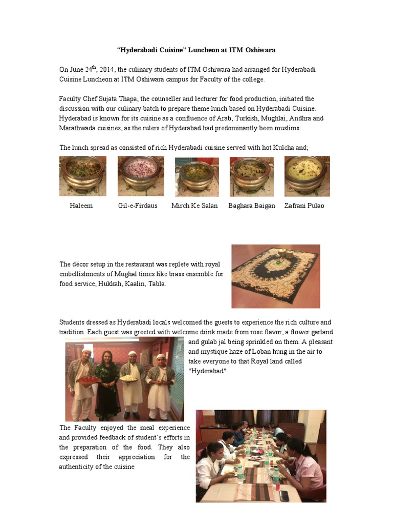 Hyderabadi Cuisine Luncheon at ITM | PDF | Wellness | Technology ...