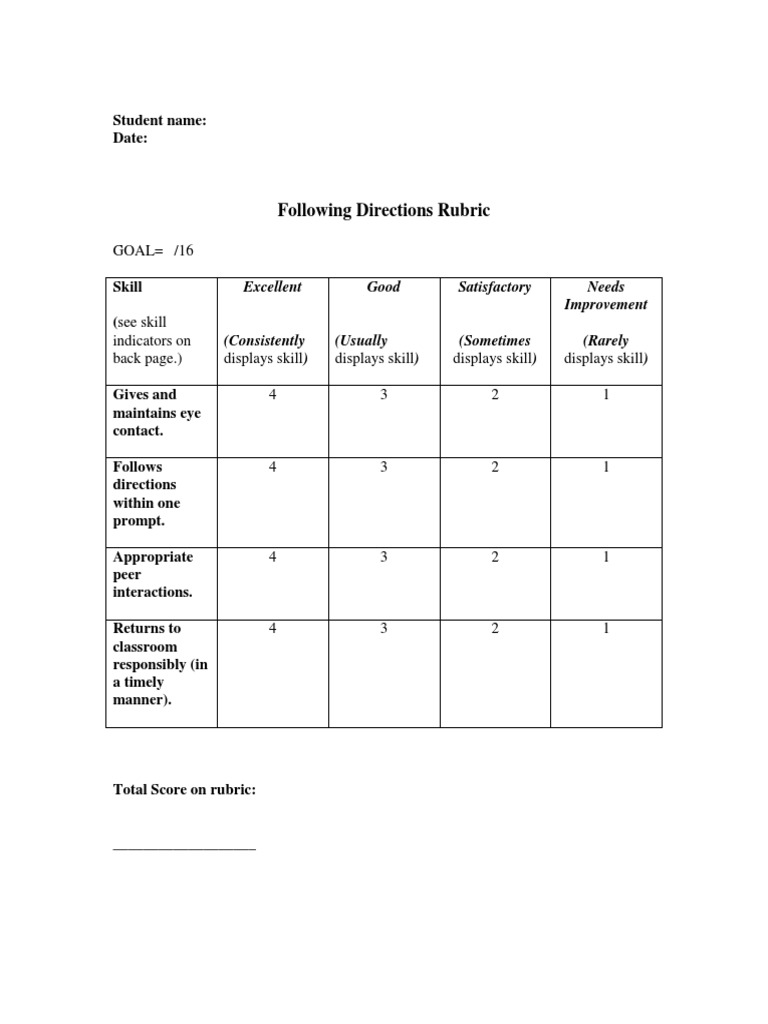 Rubric Following Directions | PDF