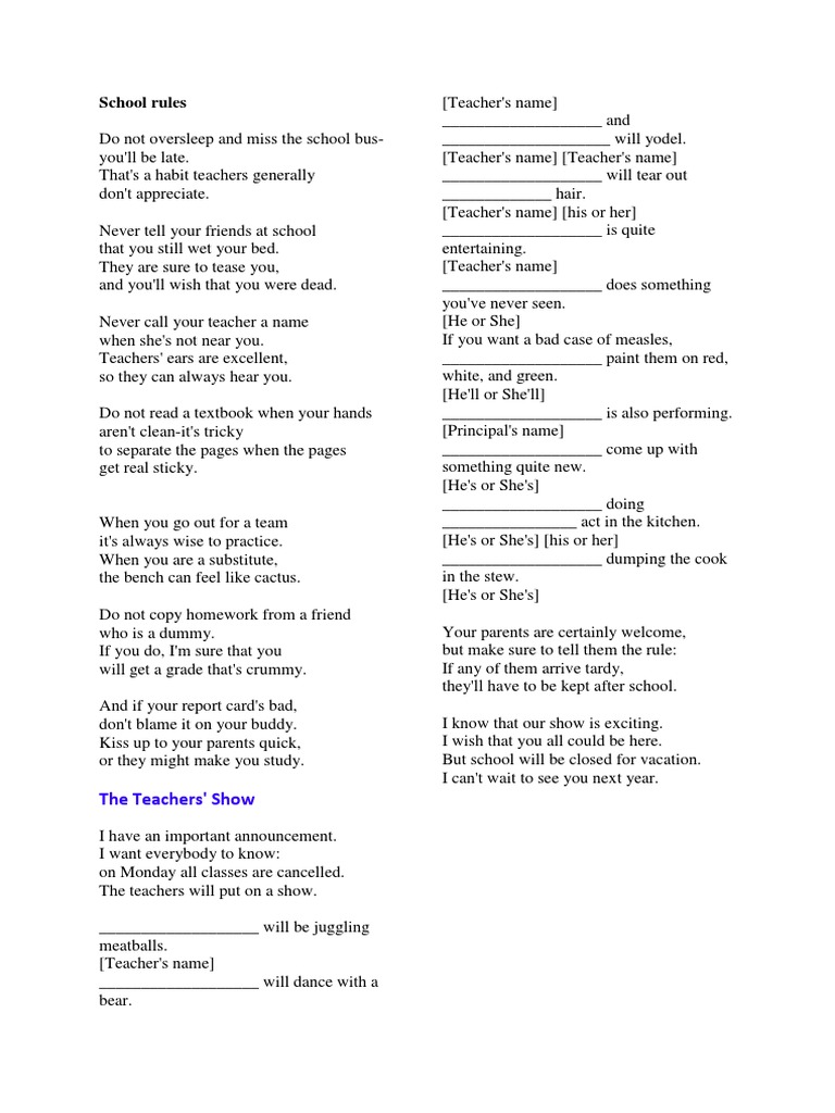 School Rules Poem | PDF