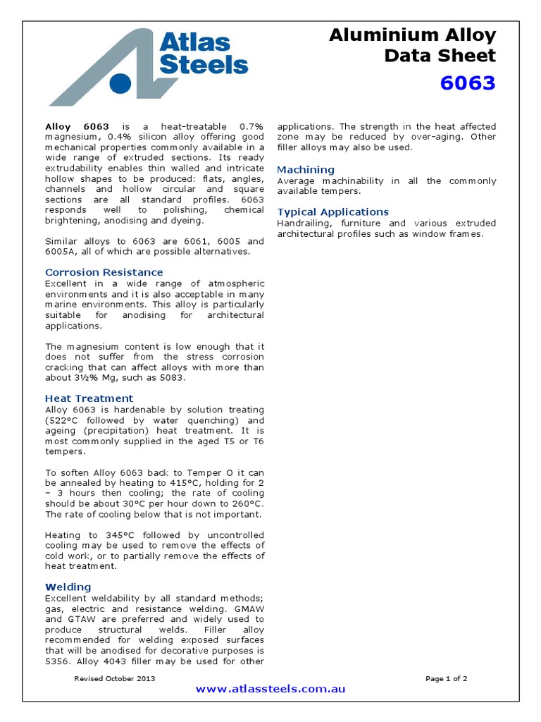Atlas Aluminium Datasheet 6063 Rev Oct 2013 | PDF | Heat Treating | Alloy