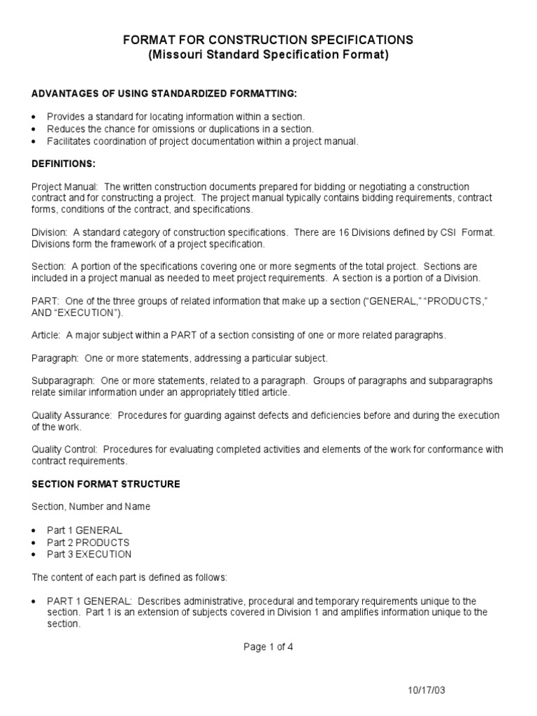 Construction Specifications Format Guide | PDF | Specification ...