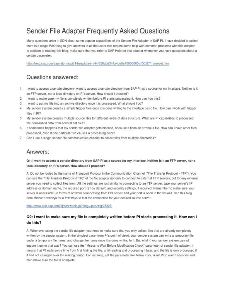 Sender File Adapter Questions | PDF | File Transfer Protocol | Computer ... Sender File Adapter Questions | PDF | File Transfer Protocol | Computer ...