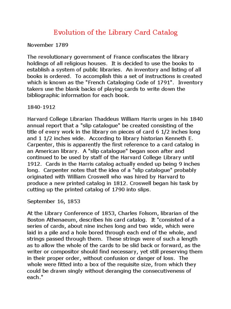 Evolution of The Library Card Catalog | PDF | Cataloging | Libraries