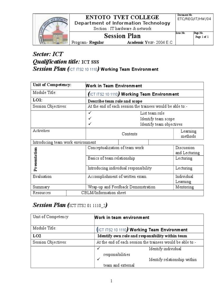 Sector: ICT Qualification Title: Session Plan | PDF