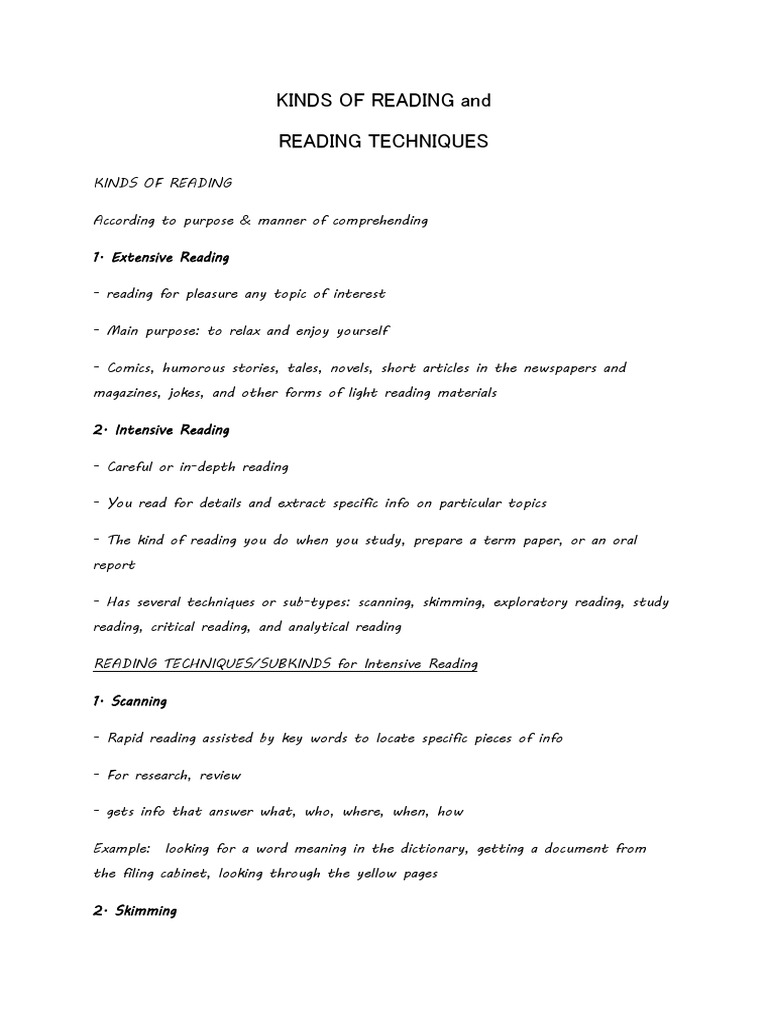 Kinds of Reading and Reading Techniques | PDF | Speed Reading | Reading ...