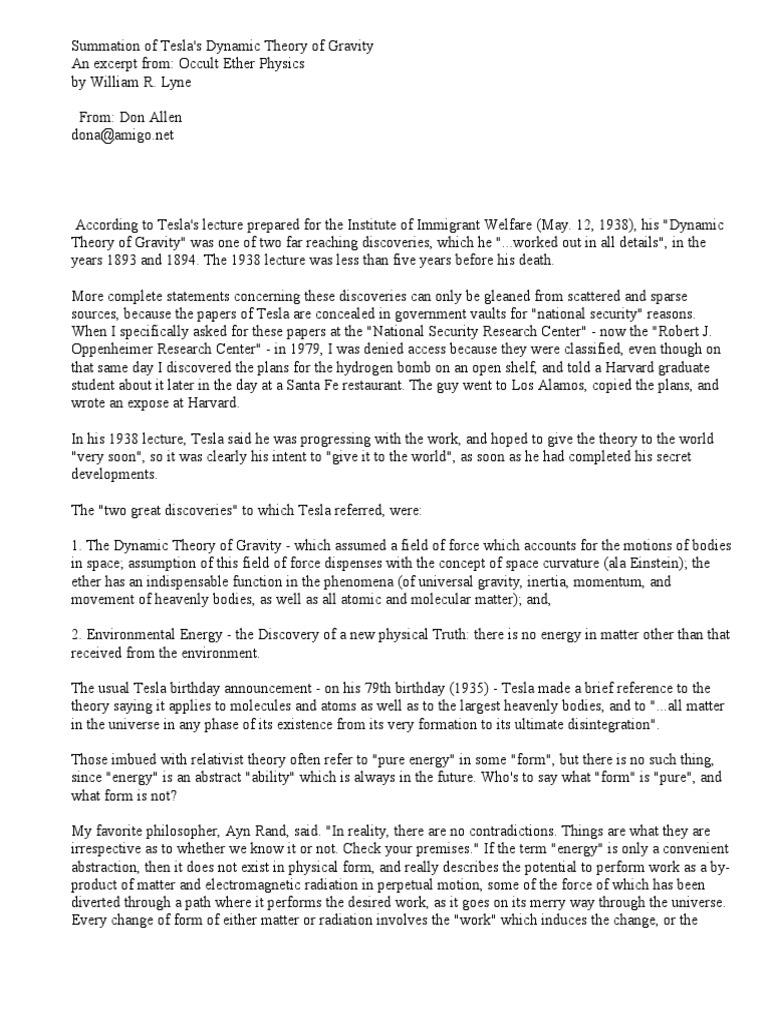 Nikola Tesla's Dynamic Theory of Gravity | Molecules | Electric Current