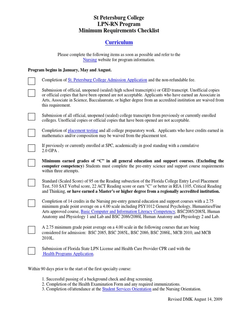 ST Petersburg College LPN-RN Program Minimum Requirements Checklist ...