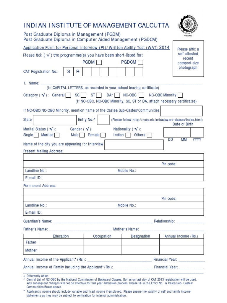IIM Calcutta PGDM Application Form 2014 | PDF