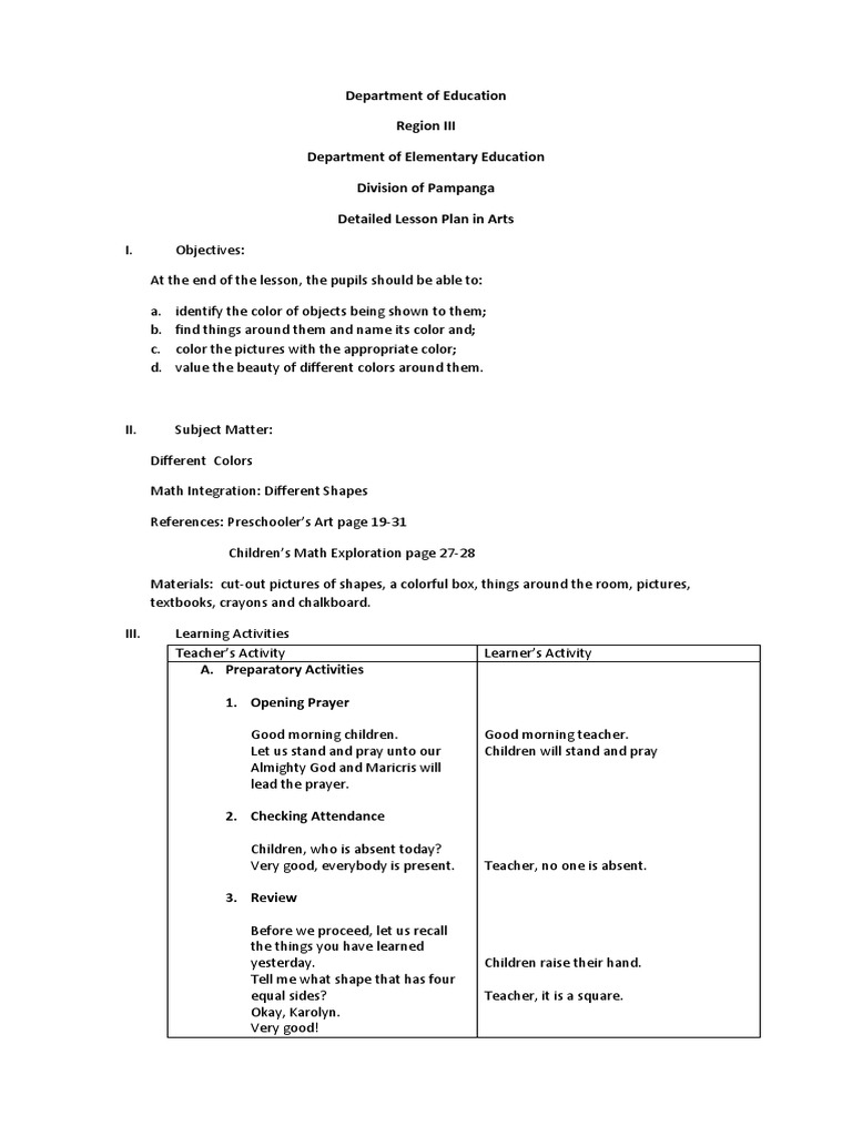Detailed Lesson Plan | PDF | Yellow | Lesson Plan
