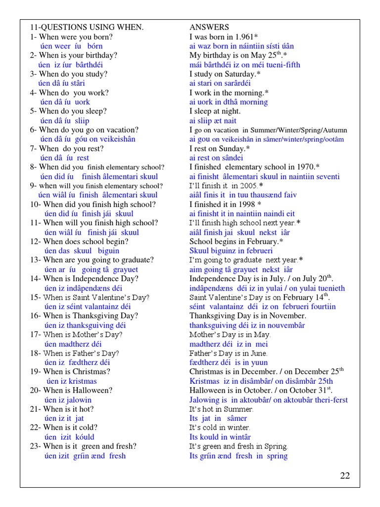 11 Questions Using When | PDF | Moveable Holidays | Summer Holidays