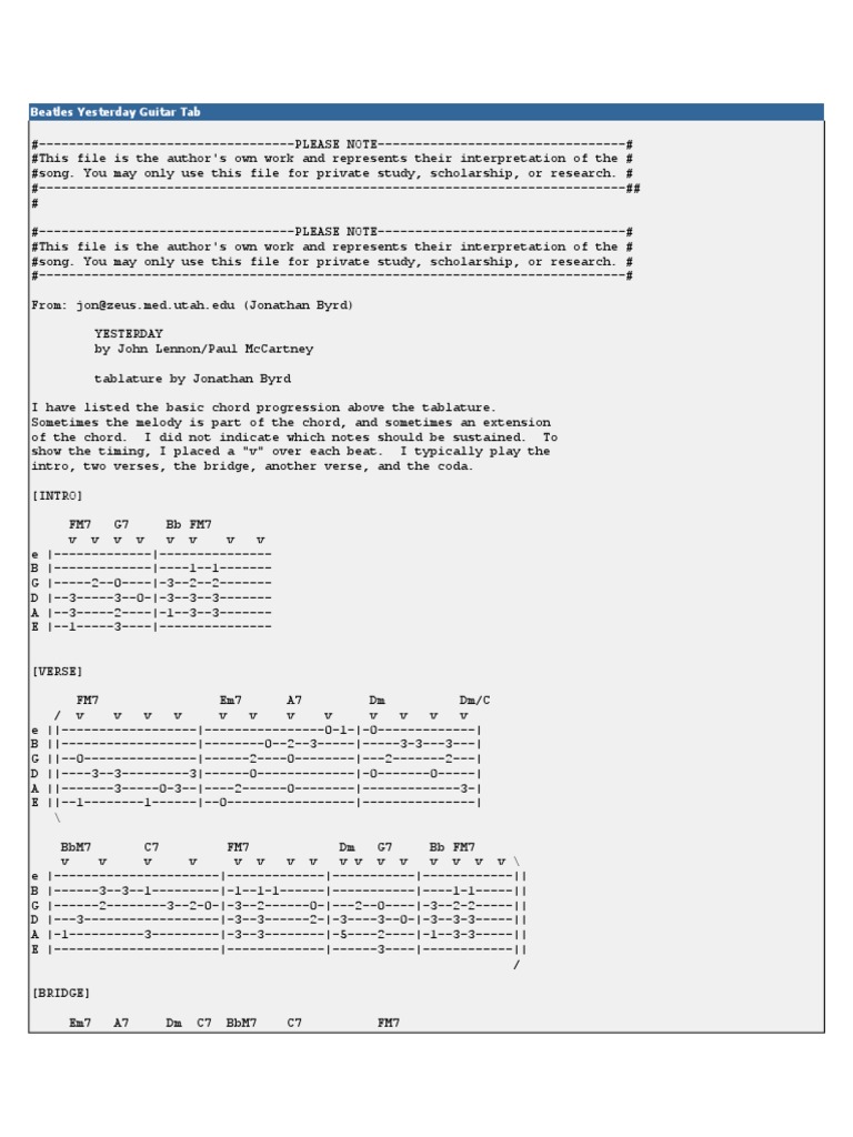 Beatles Yesterday Guitar Tab | PDF | Song Structure | Songs