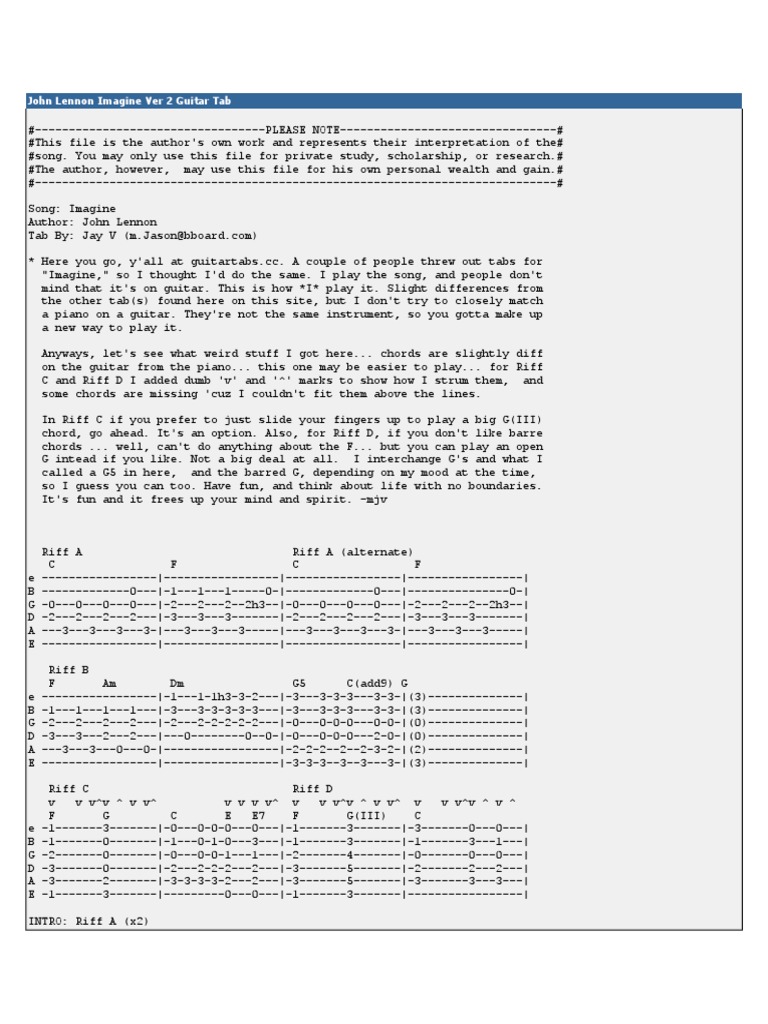 John Lennon Imagine Ver 2 Guitar Tab | PDF | Guitars | Song Structure