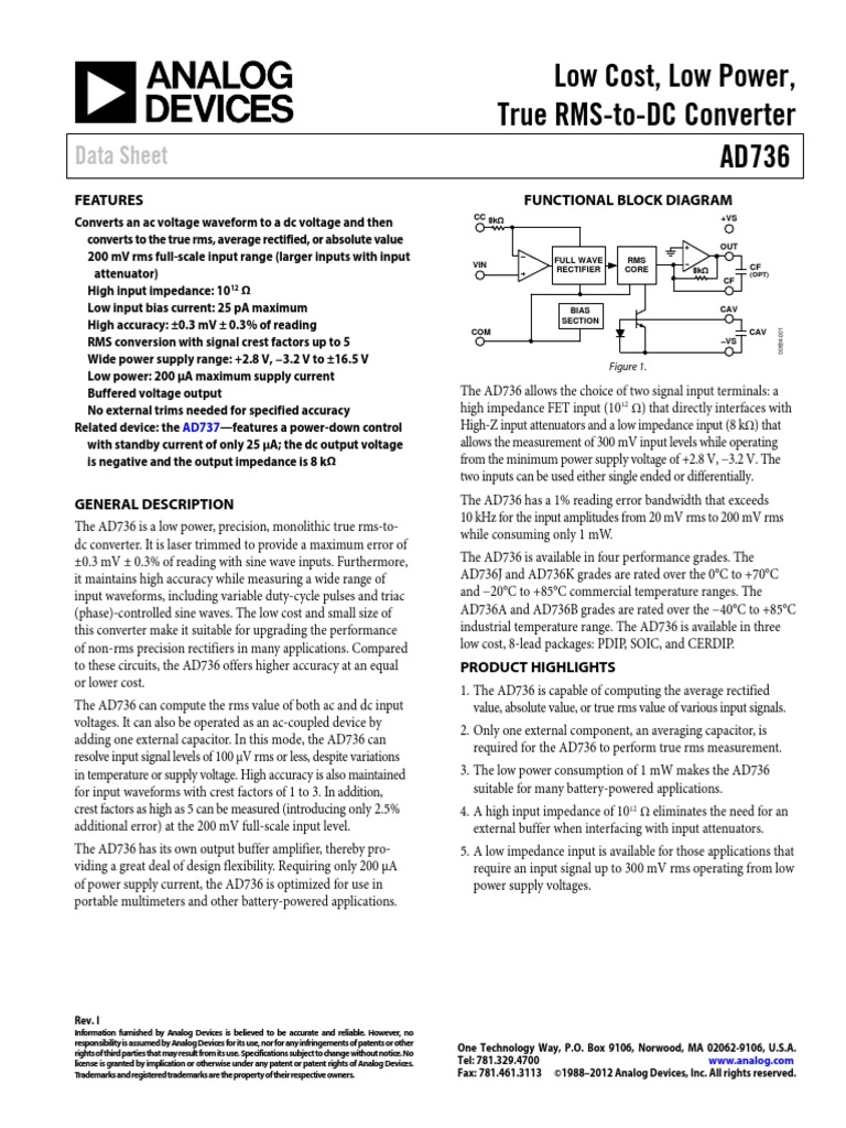 Low Cost, Low Power, True RMS-to-DC Converter AD736: Data Sheet | PDF ...