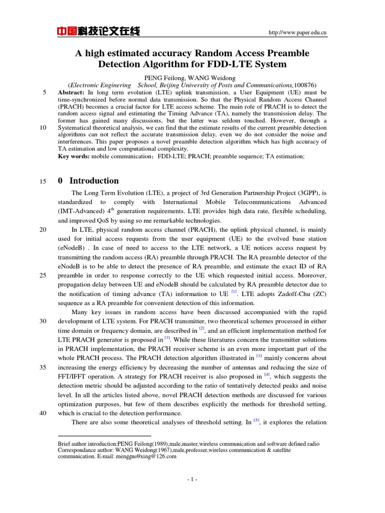 A High Estimated Accuracy Random Access Preamble Detection Algorithm For FDD-LTE System | PDF ...