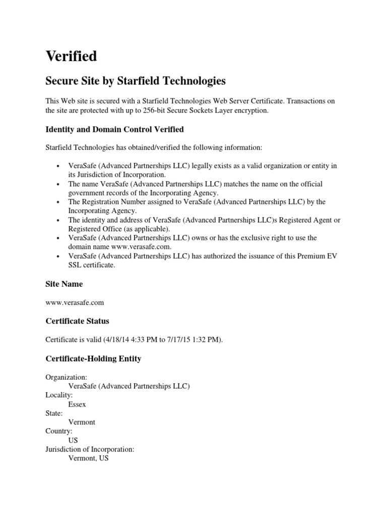 Starfield SSL Certificate for VeraSafe | PDF