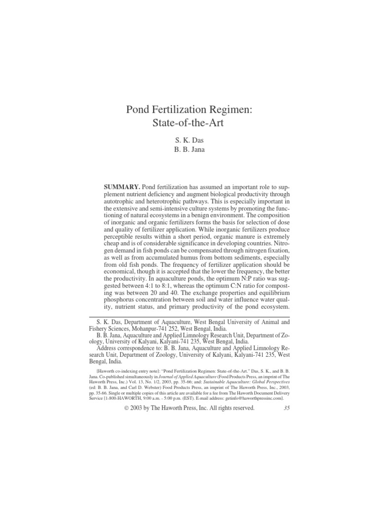 Das & Jana. Pond Fertilization Regimen - State-Of-The-Art | PDF ...