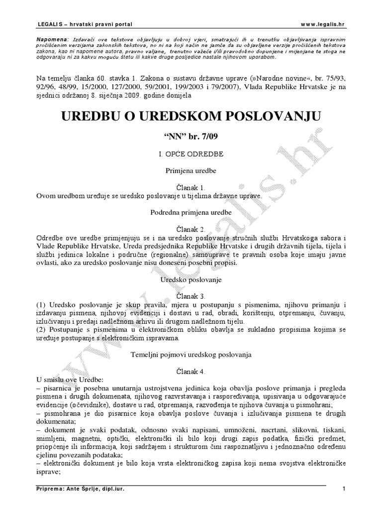 Zakon-Uredba o Uredskom Poslovanju NN 09 | PDF