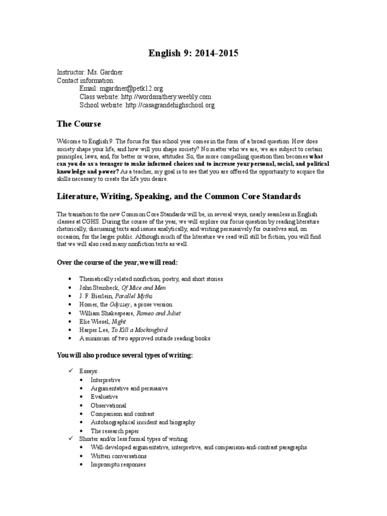 English 9 Course Overview 2014-2015 | PDF | Semiotics | Writing