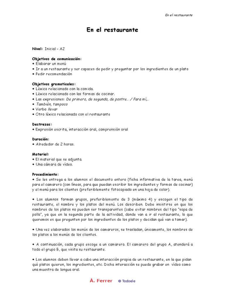 En El Restaurante. Actividad Español | PDF | Cocina | Comida y bebida