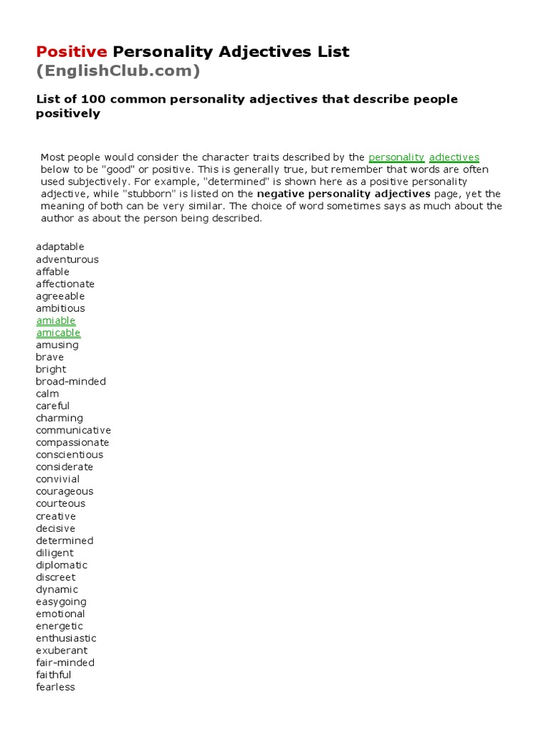 Positive Personality Adjectives List | PDF