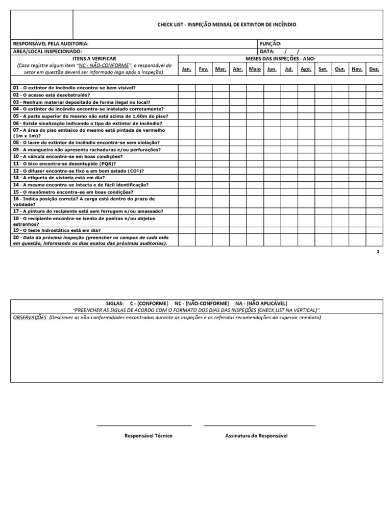 Check list inspeção mensal extintor | PDF