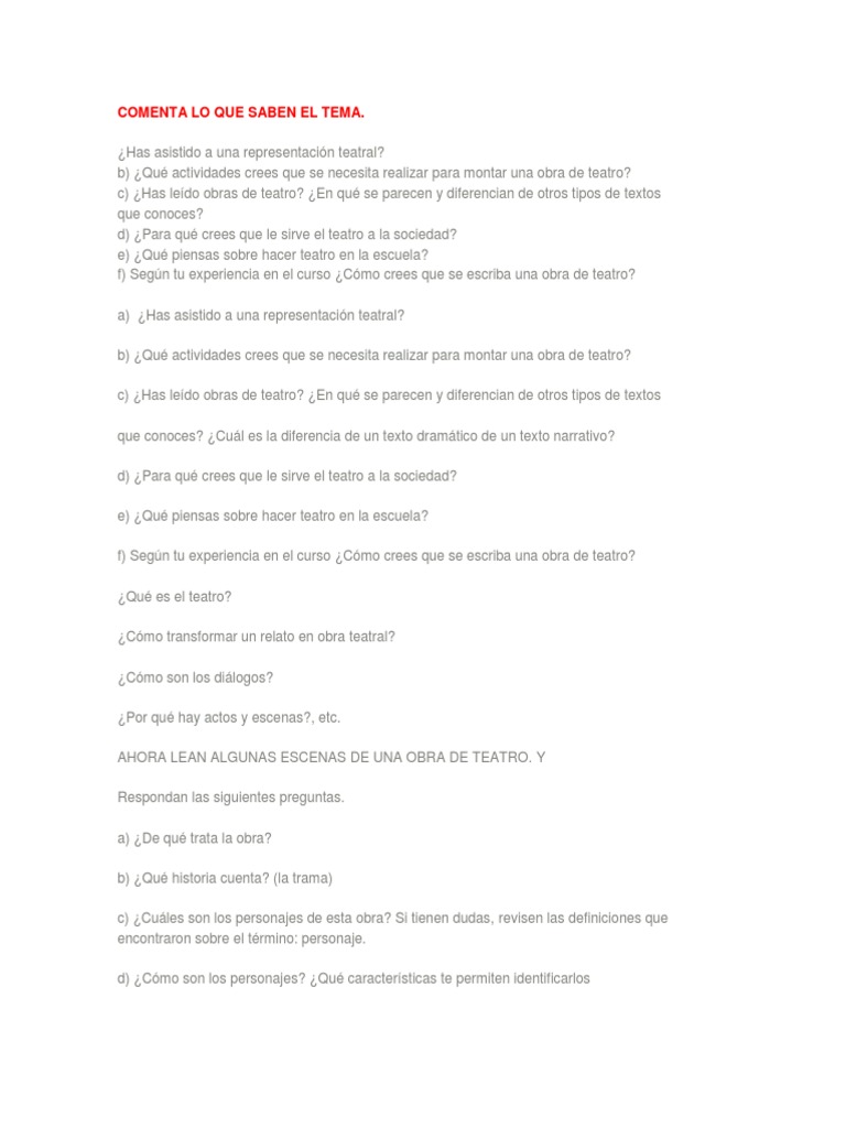 Preguntas y Reflexiones sobre Teatro | PDF | Teatro | Comedia