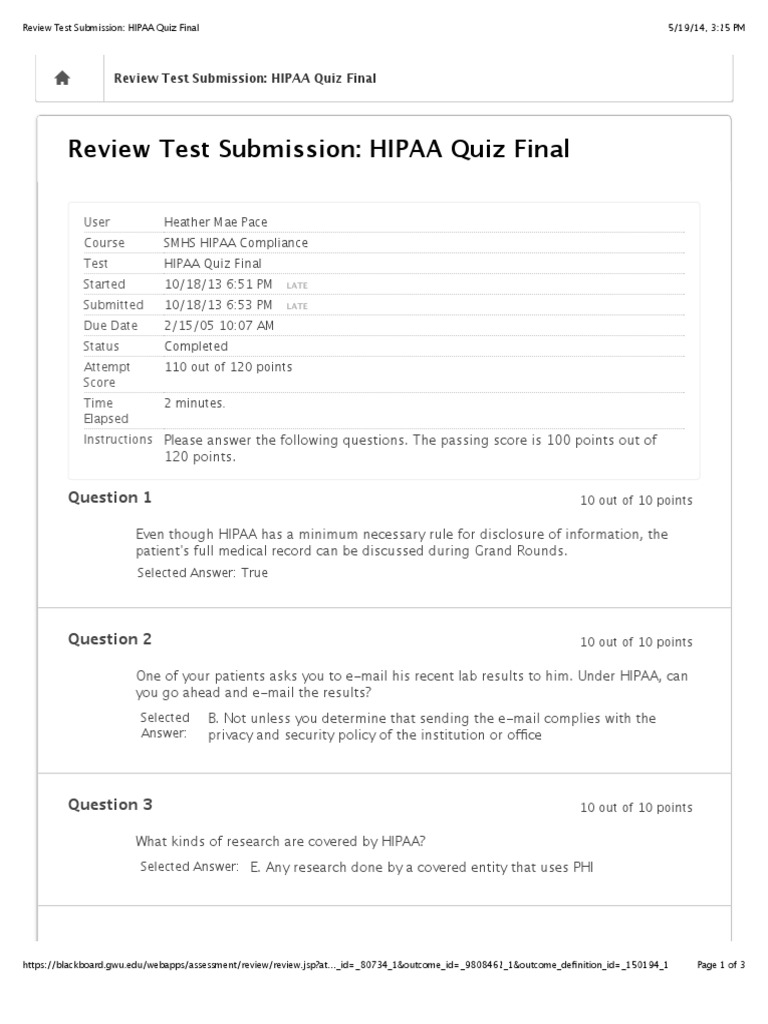 Review Test Submission - HIPAA Quiz Final | PDF | Health Insurance ...