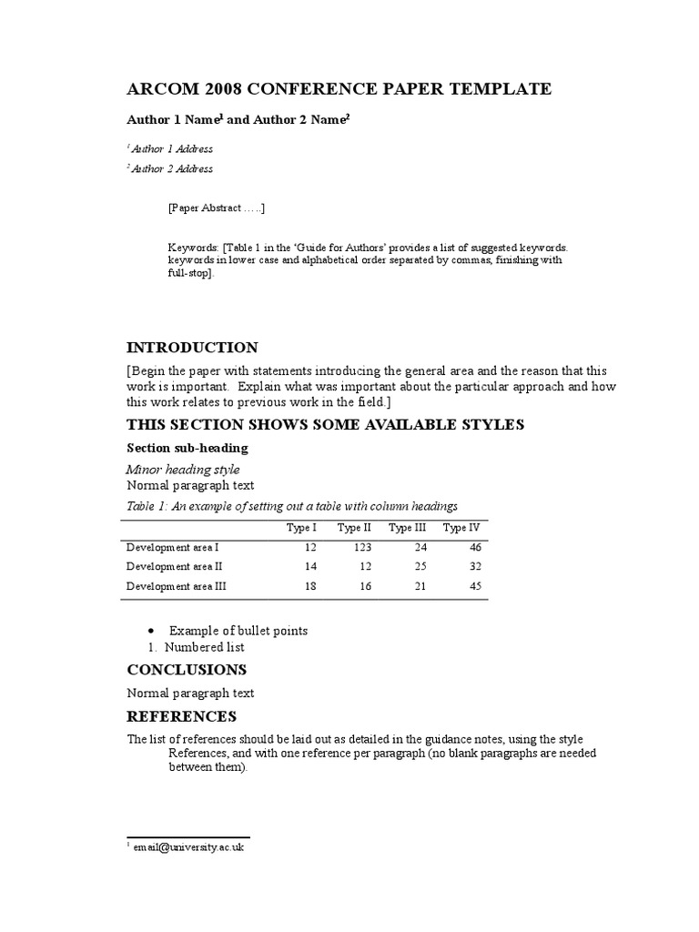 Arcom 2008 Conference Paper Template: Author 1 Name and Author 2 Name | PDF