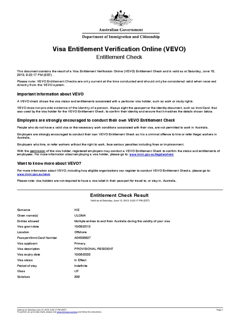Visa Entitlement Verification Online (VEVO) | PDF