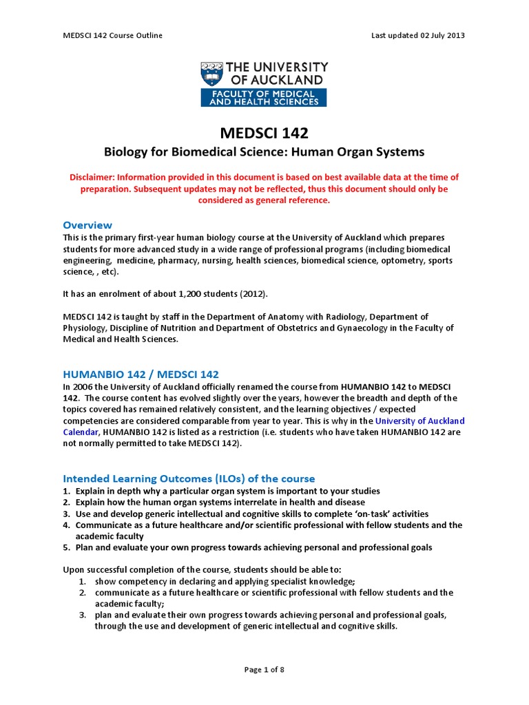 Medsci 142: Biology For Biomedical Science: Human Organ Systems | PDF ...