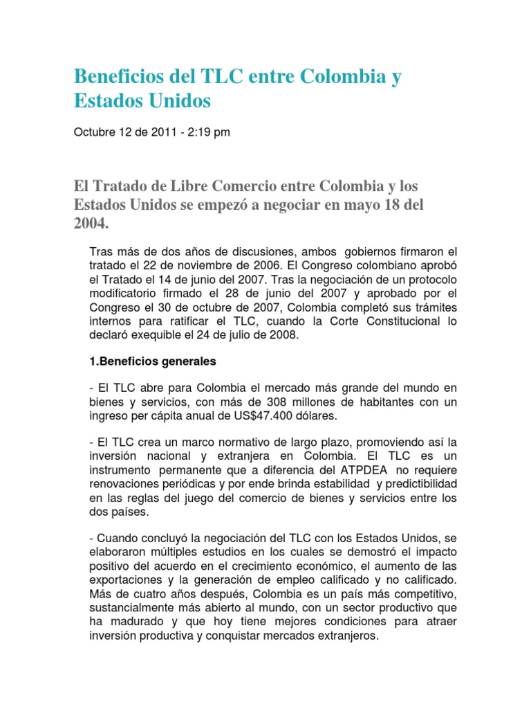 Beneficios Del TLC Entre Colombia y Estados Unidos | PDF | Tratado de ...