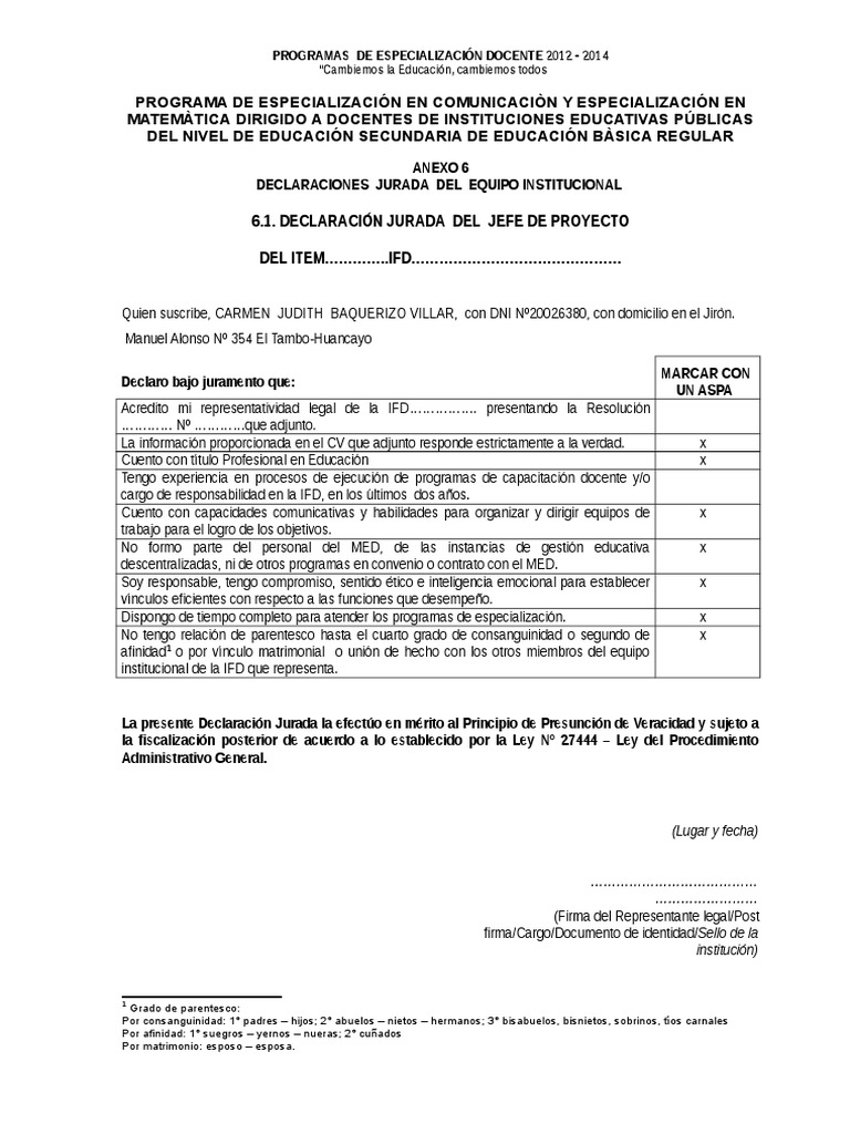 Anexo 06 Declaraciones Juradas Del Equipo Institucional | PDF ...