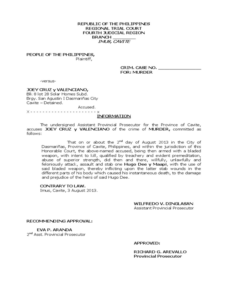 Sample Criminal Complaint for Murder | PDF | Prosecutor | Murder