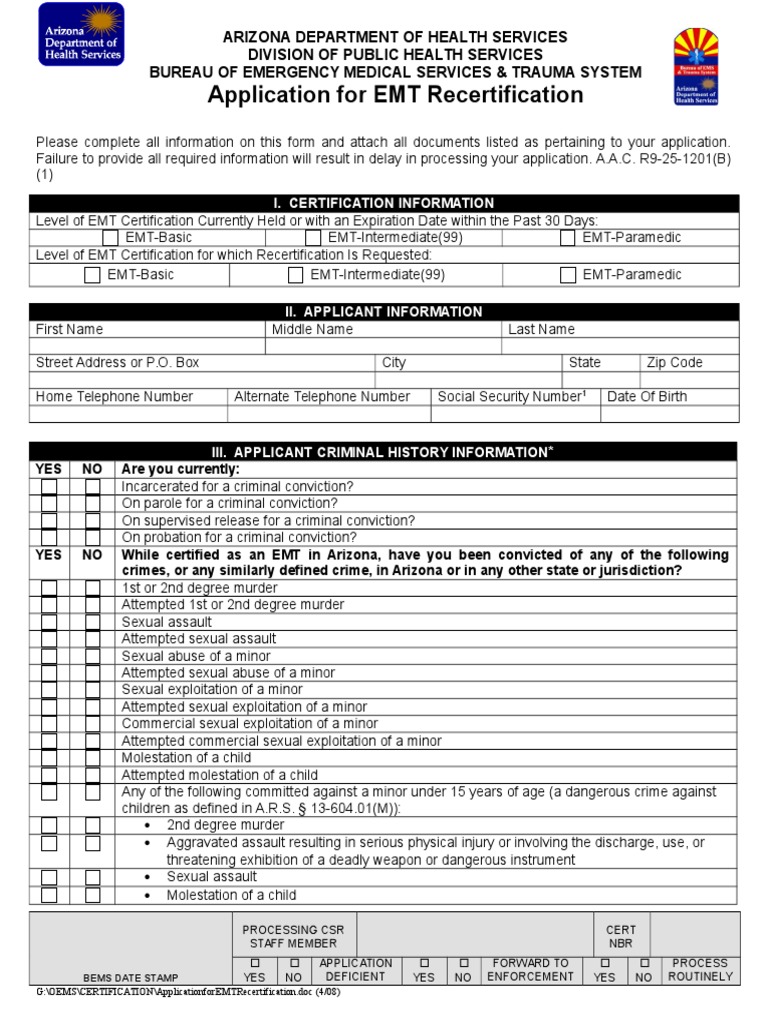 2008 Application For Emt Recertification | PDF | Assault | Emergency Medical Technician