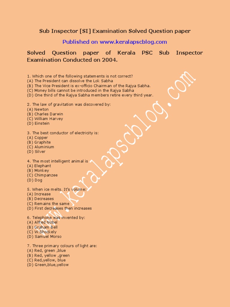 Sub Inspector Examination Solved Question Paper | PDF | Moon | Phrase