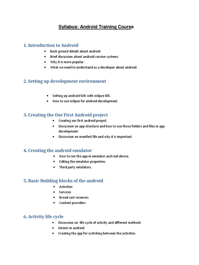 Introduction To Android Syllabus Android Training Course Pdf Android Operating System