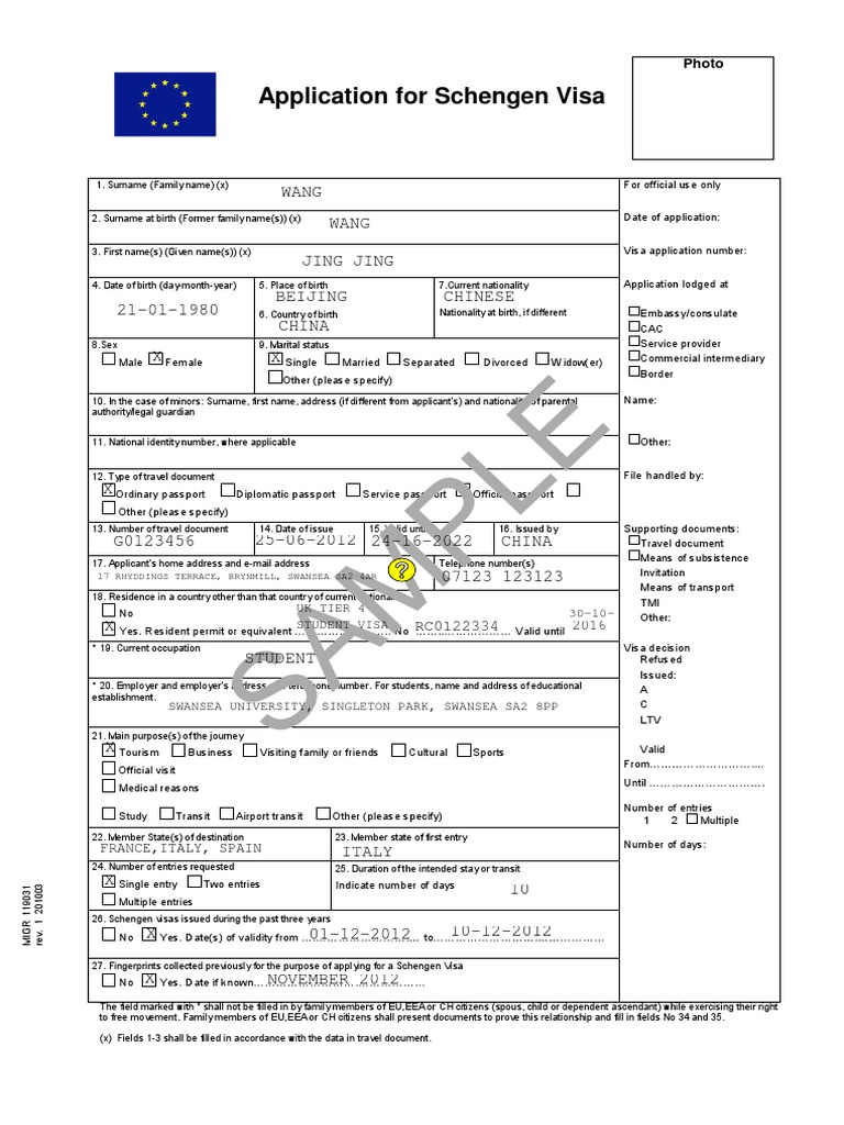 Schengen Visa Application Sample Form | PDF | Travel Visa | Passport