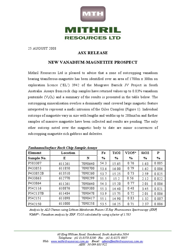 Asx Release New Vanadium-Magnetite Prospect: Tankaanusurface Rock Chip ...