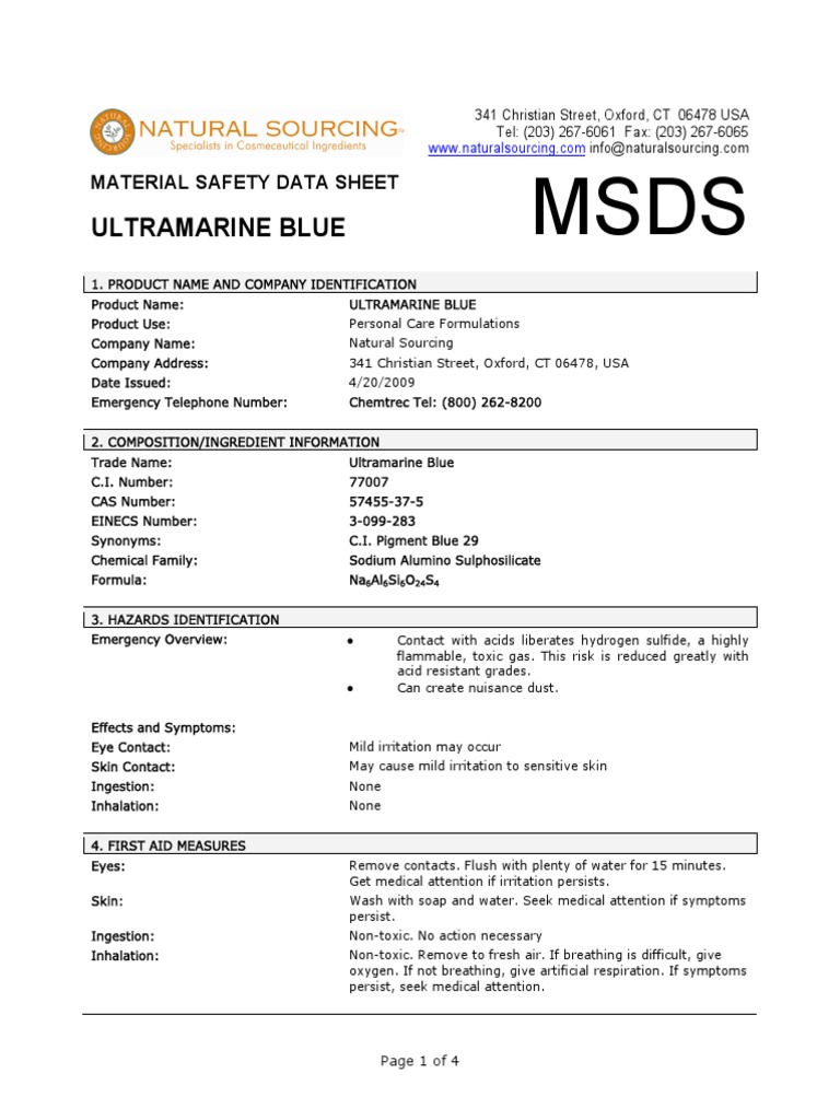 MSDS Ultramarine Blue | PDF | Sulfur | Toxicity