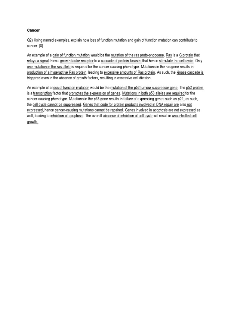 A Level H2 Biology - Cancer Essay Example Question | PDF