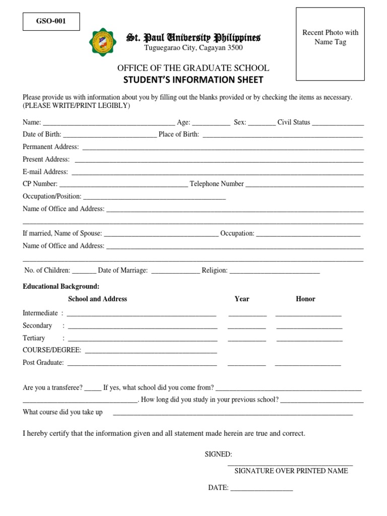 St. Paul Student Information Sheet | PDF | Career & Growth