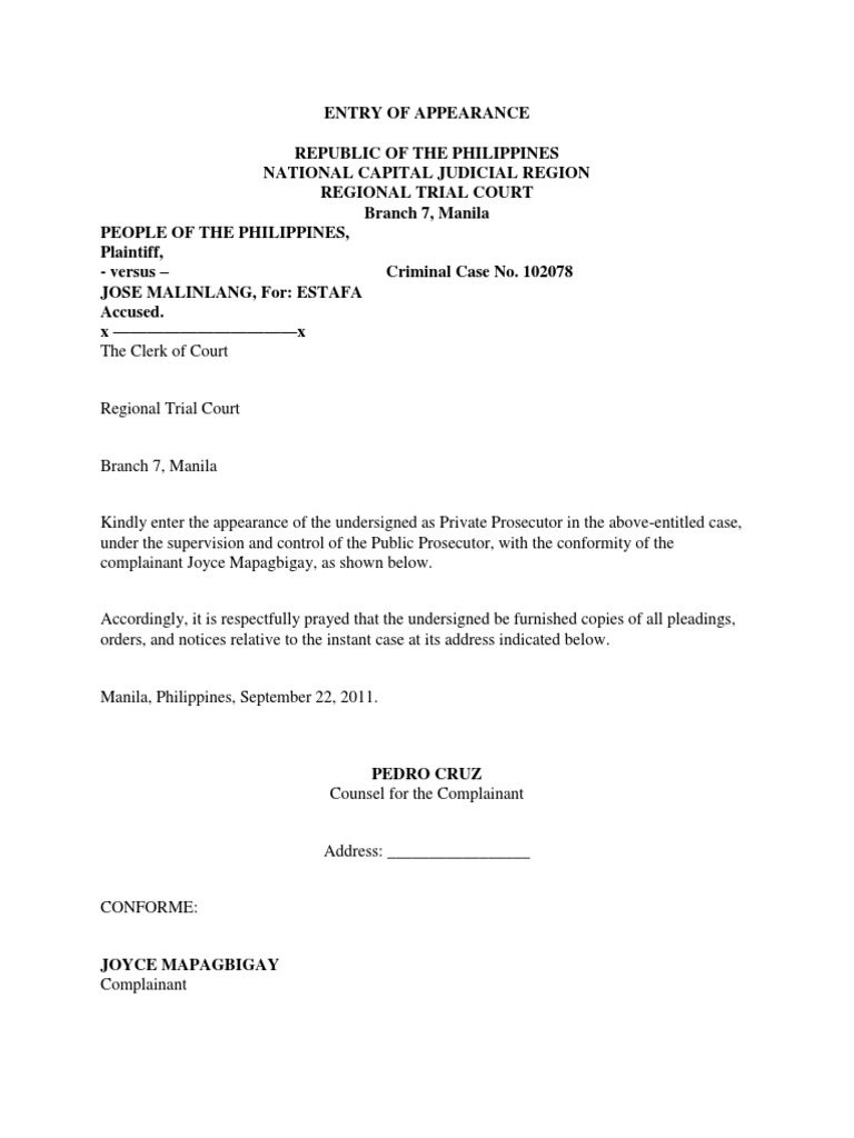 Entry of Appearance Sample | PDF