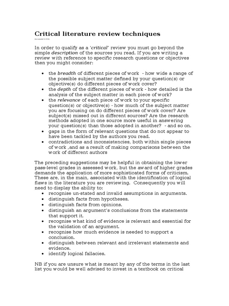 Critical Literature Review Techniques: (Last Amended 16.10.06) | PDF ...