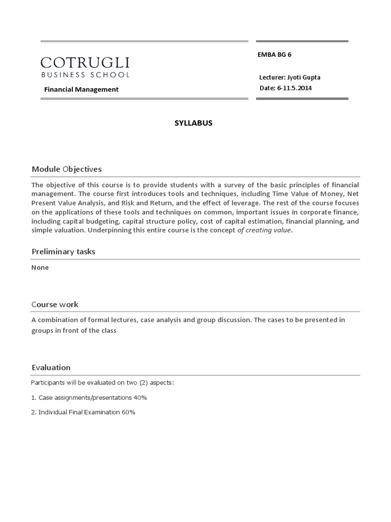 Financial Management Course Syllabus | PDF | Financial Economics ...