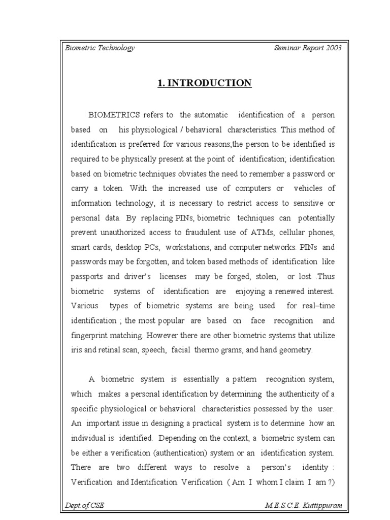 Biometric Technology Seminar Report 2003 | PDF