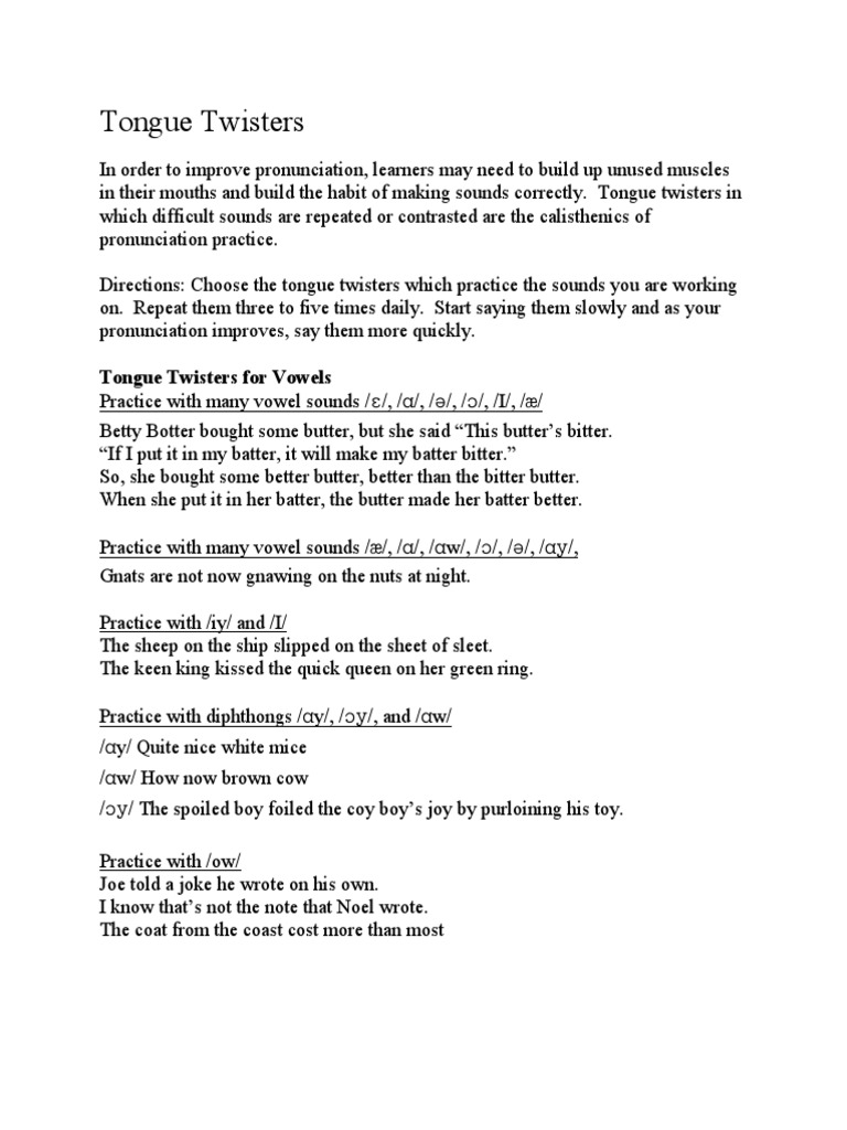 Pronunciation Practice with Tongue Twisters | PDF | Language Arts ...