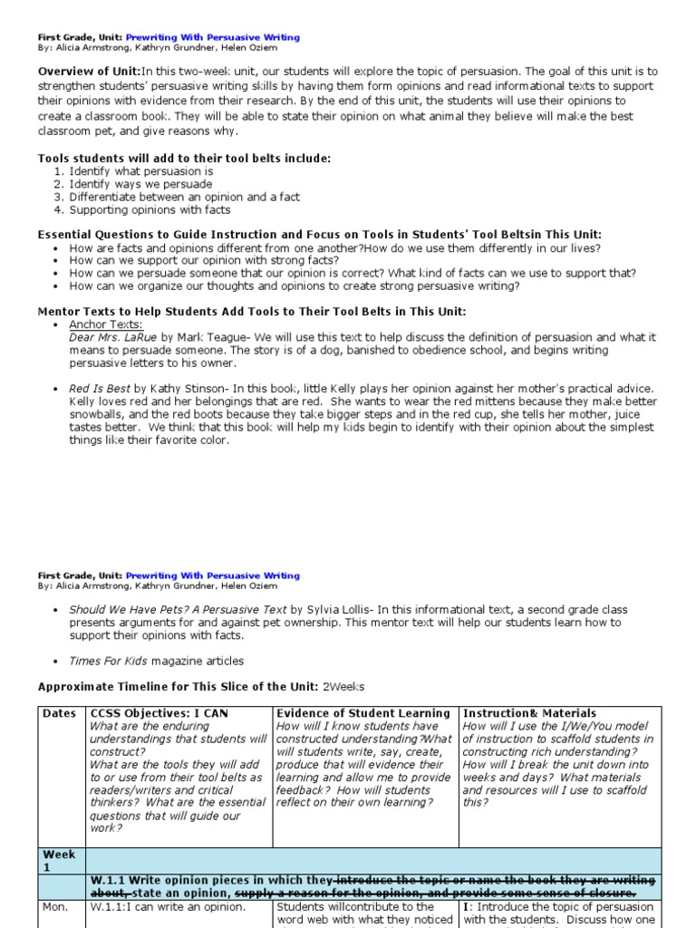 First Grade Persuasive Writing Unit | PDF | Persuasion | Cognitive Science