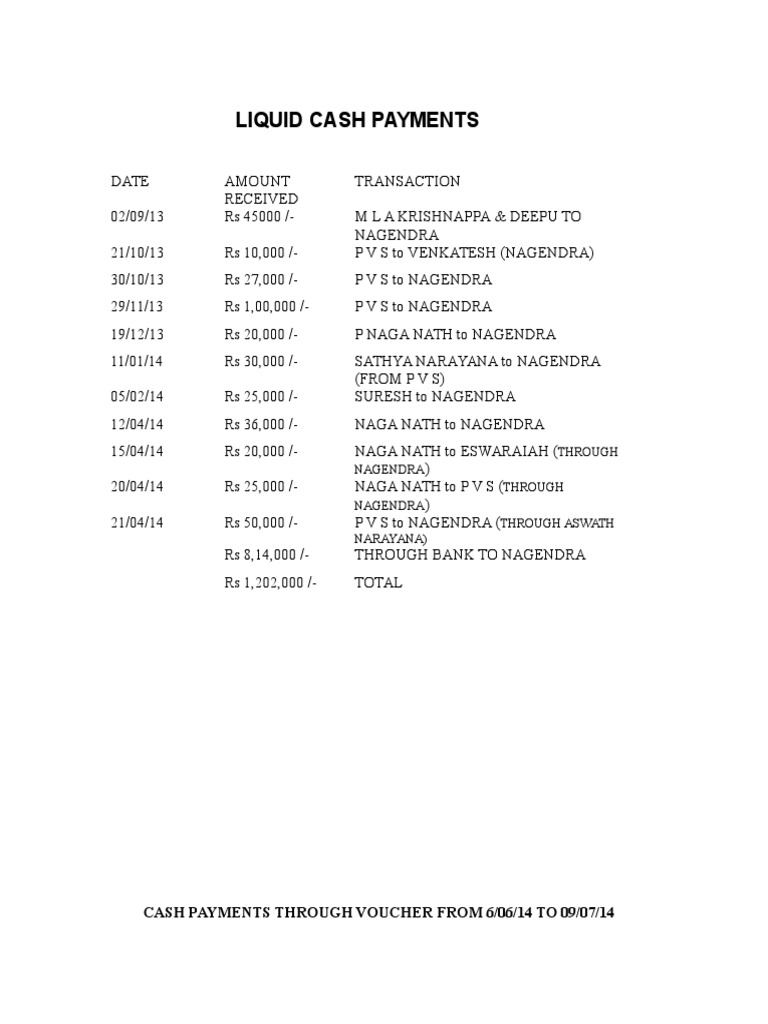 Liquid Cash Payment Records Summary | PDF