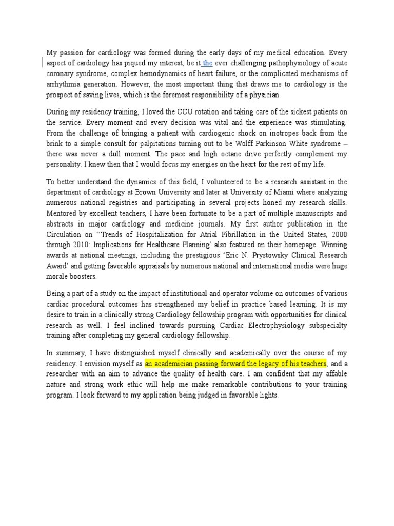 Cardiology Fellowship Personal Statement | PDF | Cardiology | Health Care