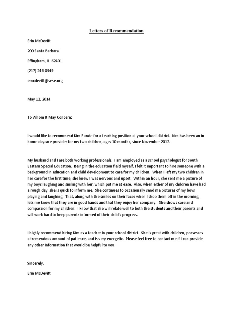 Recommendations for Teacher Kim Runde | PDF | Teachers | Schools